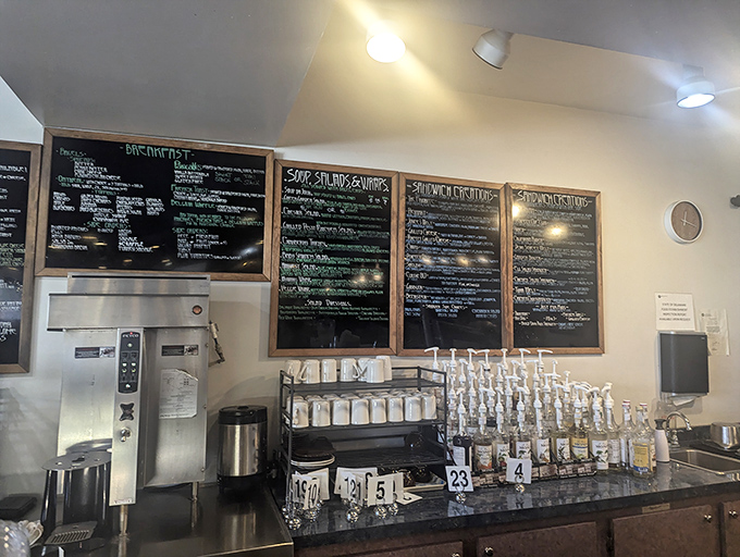 Chalkboard menus and gleaming equipment behind the counter hint at the care that goes into every cup and plate.