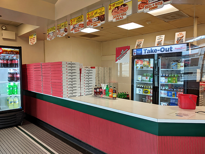 The takeout counter stands ready for pizza emergencies—because sometimes life is too short to cook dinner.