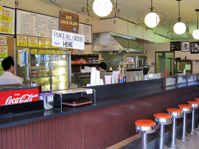 The counter seating offers front-row tickets to the best show in town: breakfast being made with decades of muscle memory.