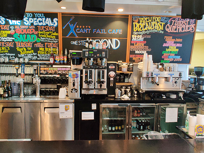 Colorful chalkboard menus and a well-stocked counter create the perfect backdrop for baristas crafting your morning salvation.