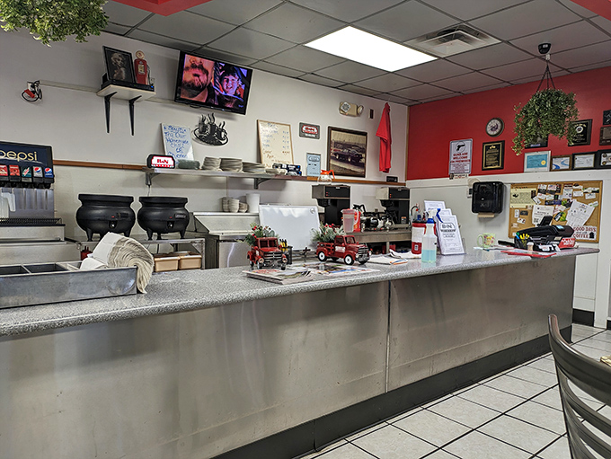 The counter area serves as command central, where coffee is kept hot and orders fly from waitstaff to kitchen.