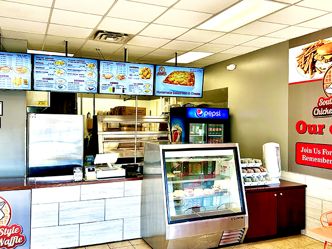 The counter where magic happens: simple, efficient, and focused on getting that chicken from fryer to your eager hands.