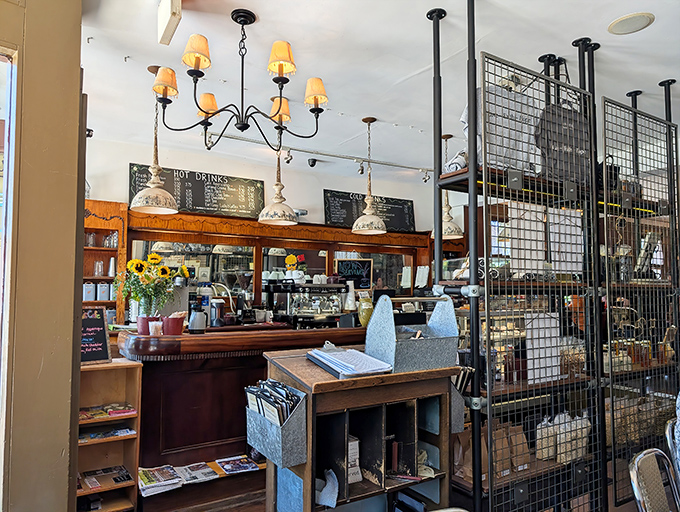The counter area: part coffee bar, part command center for brunch operations, all bathed in golden light that makes everything look Instagram-ready.