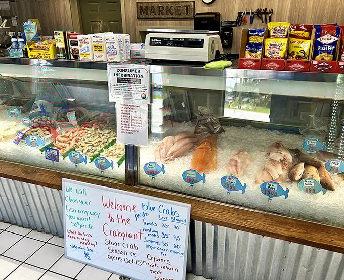 A seafood counter that makes grocery store fish departments look like sad aquarium displays. This is the real deal, folks.