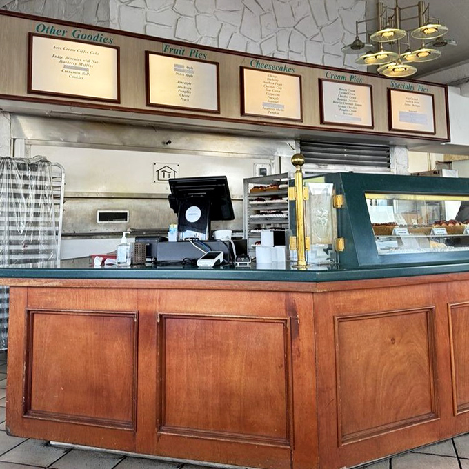 The counter area—where pie dreams come true and coffee cups are never empty for long.