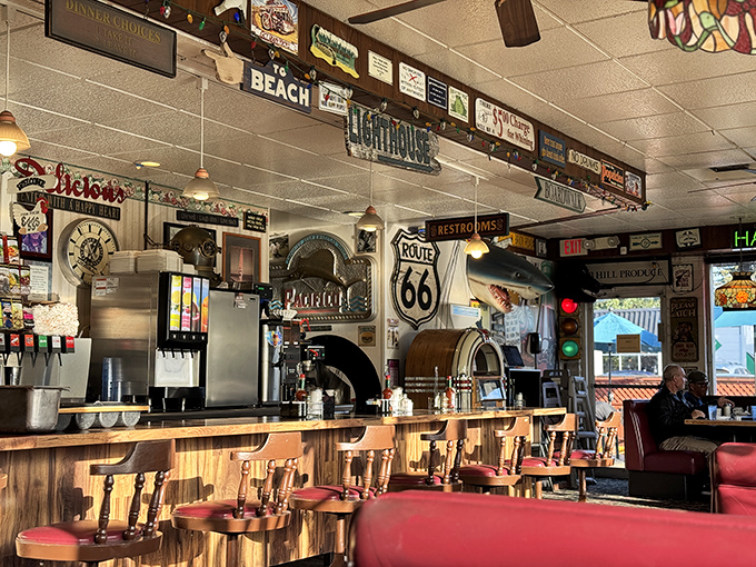 Counter seating for solo diners and those who appreciate the theater of short-order cooking. Route 66 signs remind you that good diners are America's culinary highway.