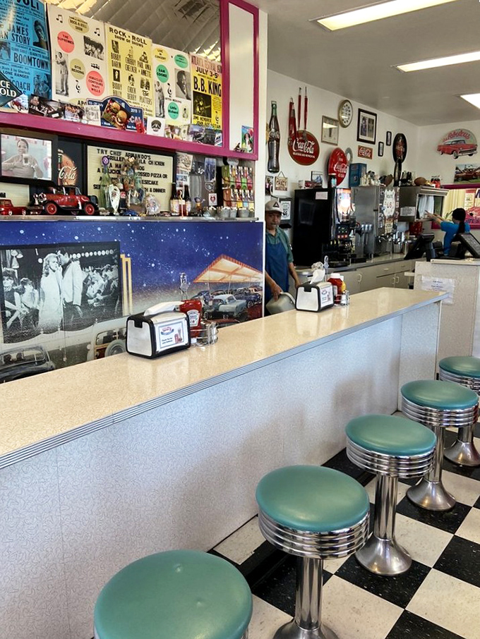 Those mint-green counter stools aren't just seating&mdash;they're front-row tickets to the greatest show on Route 66: short-order cooking in action.