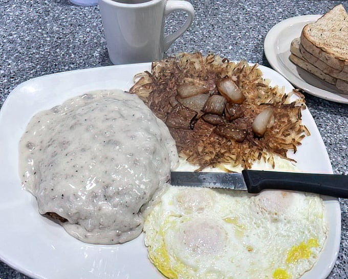 Country fried steak with gravy, eggs, and hash browns&mdash;the breakfast equivalent of a warm hug from your favorite aunt.