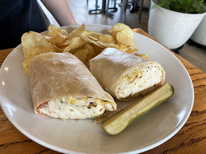 This wrap means business&mdash;stuffed with what looks like chicken salad and served with house-made chips and a pickle spear for moral support.