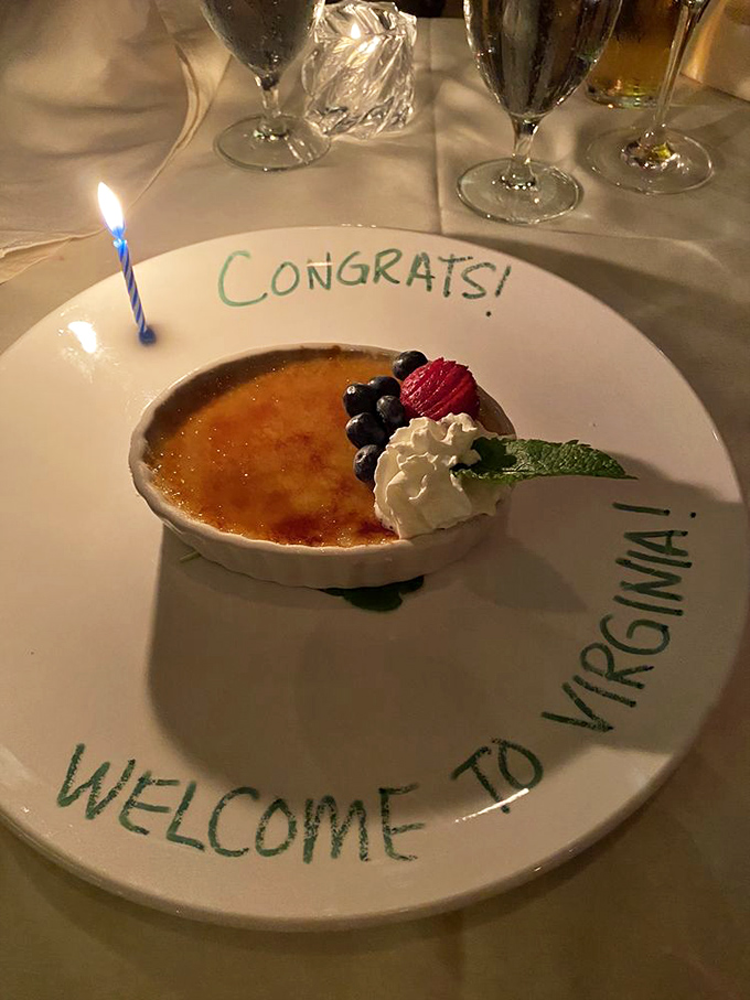 "Welcome to Virginia" written on a plate holding crème brûlée proves this restaurant understands celebration is about both the food and the occasion.