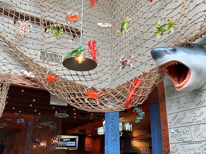 Fishing nets overhead create the perfect canopy for landlocked diners dreaming of coastal adventures and oceanic feasts.