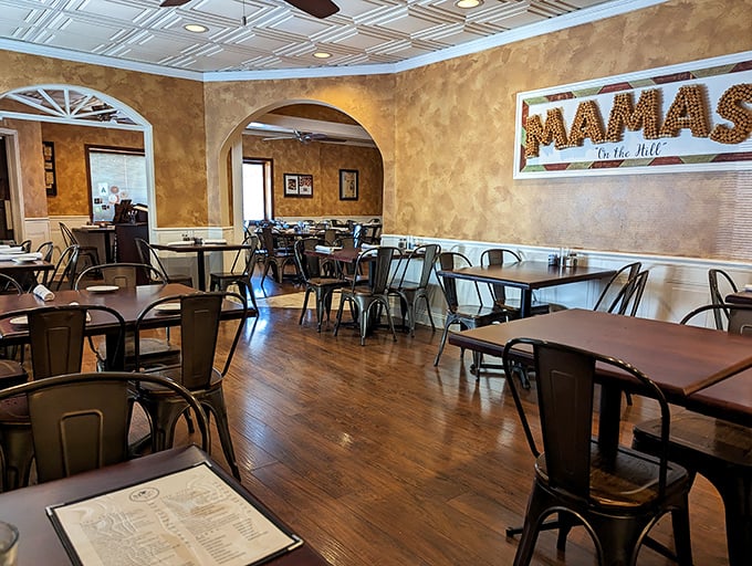Dining room where memories are made between bites of pasta. The "Mama's" sign watches over diners like the patron saint of carbohydrates.