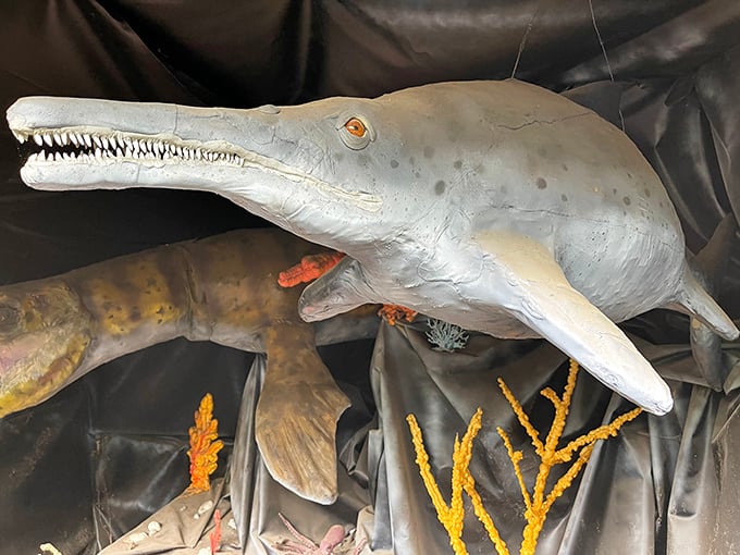The indoor marine exhibit features this ancient whale ancestor. Even prehistoric ocean dwellers wanted in on the dinosaur park action.