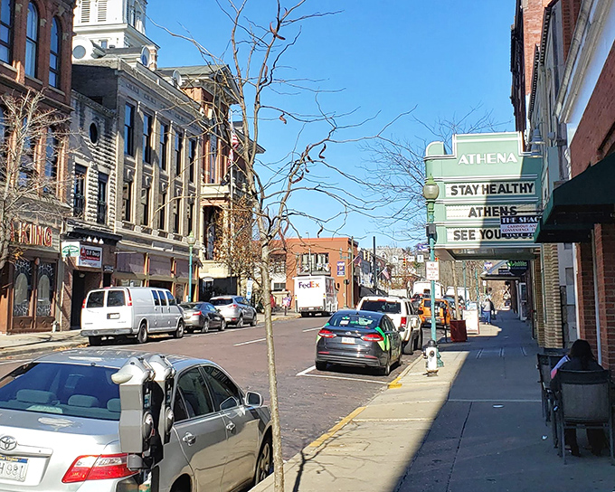 The Athena Cinema's vintage marquee adds a touch of nostalgic glamour to downtown, a reminder of Athens' long love affair with the arts.