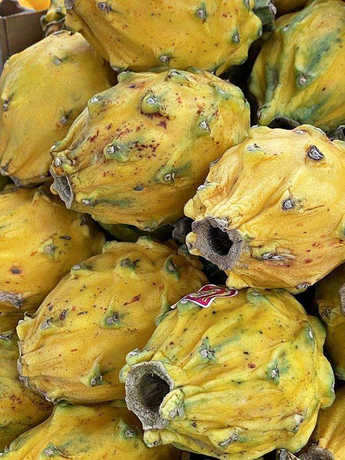 Dragon fruit looks like it was designed by a committee of alien botanists. Their speckled flesh hides inside these yellow, spiky orbs.