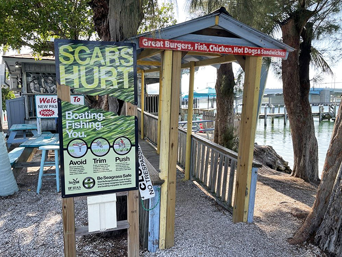 Scars Hurt warns the seagrass protection sign, but those burgers and fish sandwiches are worth any temporary pain of waiting.