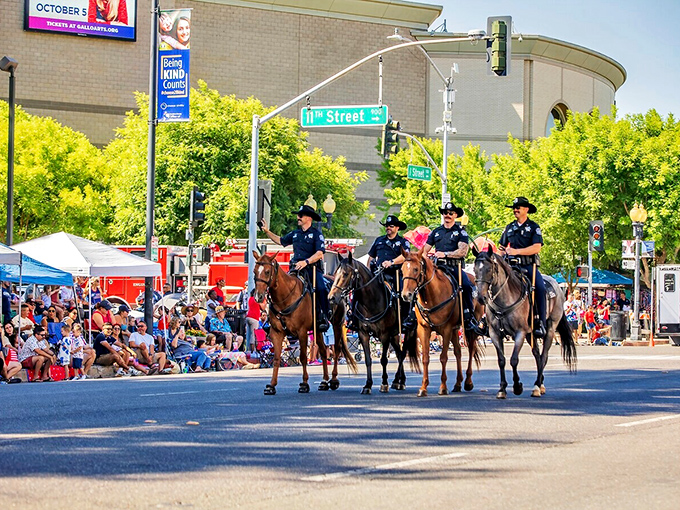 Community parades showcase Modesto's small-town charm with mounted police officers. Norman Rockwell couldn't have painted a more quintessentially American scene.