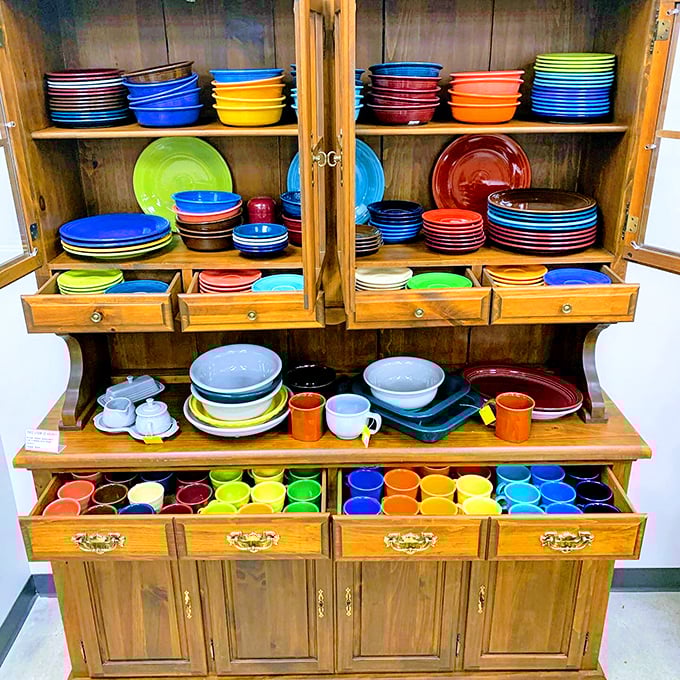 Fiestaware heaven for color enthusiasts. Like a rainbow exploded in the most organized way possible, these dishes are waiting to brighten someone's kitchen.
