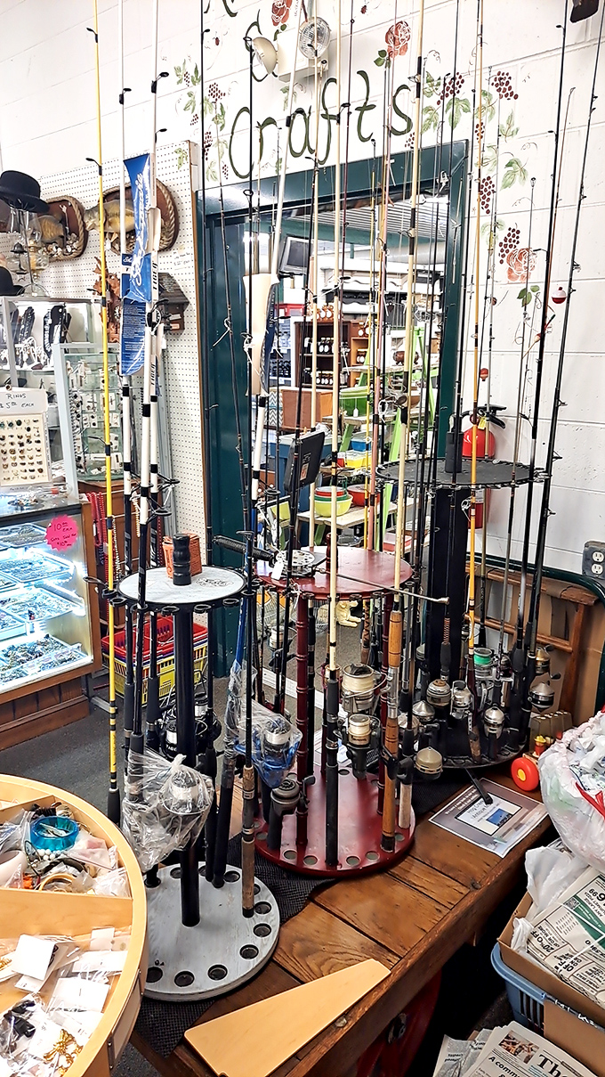 The fishing equipment corner&mdash;where tales of "the one that got away" grow bigger with each passing rod. A shrine to patience and exaggeration!
