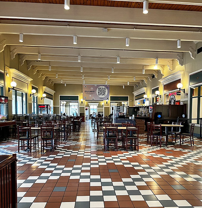 Fuel for the shopping journey. The food court's geometric floor pattern is almost as impressive as the variety of cuisines waiting to recharge weary shoppers.
