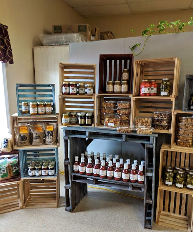 This isn't just a food display &ndash; it's a shrine to preserved goodness. Those wooden crates could tell stories of Amish kitchens and time-honored recipes.