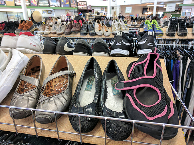 Shoe display that proves style is eternal. Those silver Mary Janes are begging for a night out after years of patient waiting.