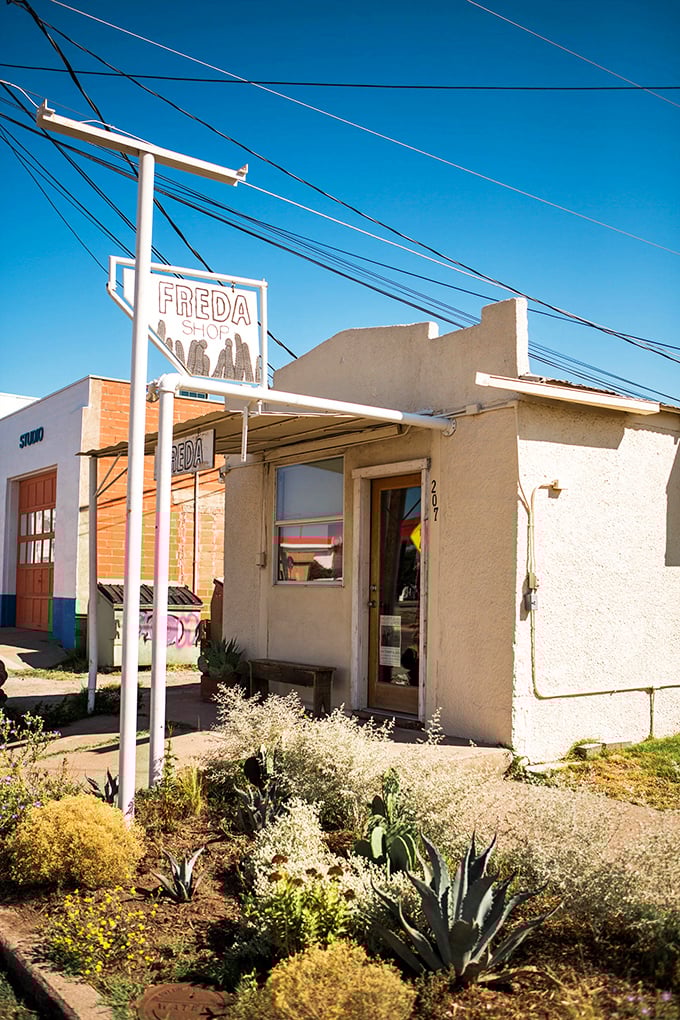 Freda Shop's desert garden entrance says everything about Marfa's aesthetic: spare, thoughtful, and somehow making cacti look like they belong in Architectural Digest.