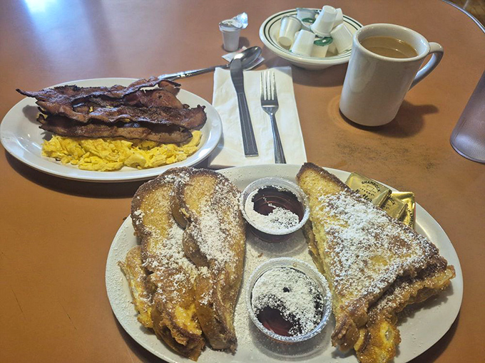French toast that makes you question all other breakfasts you've ever had. Dusted with powdered sugar and served with pure maple syrup&mdash;breakfast royalty.