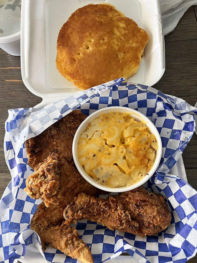 The holy trinity of Southern comfort: golden fried chicken, mac and cheese, and cornbread. Some meals don't just feed the body – they restore the soul.