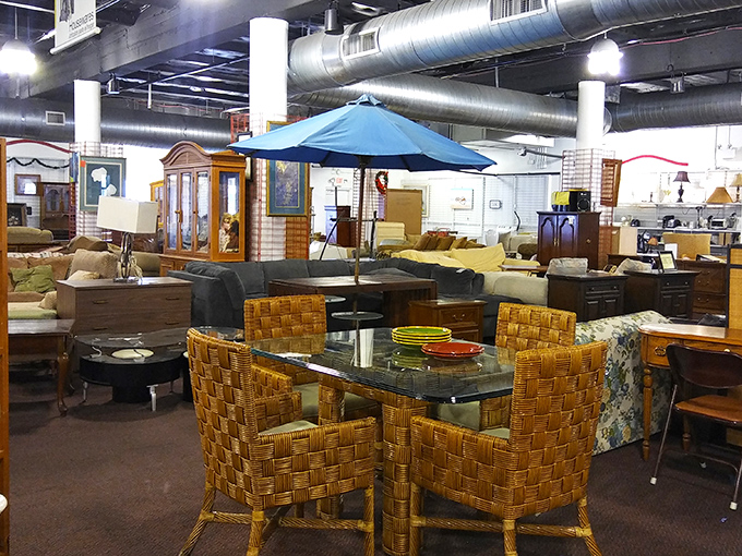 Mid-century modern meets Florida rattan in the furniture section. That woven dining set has hosted countless margaritas in its previous life.