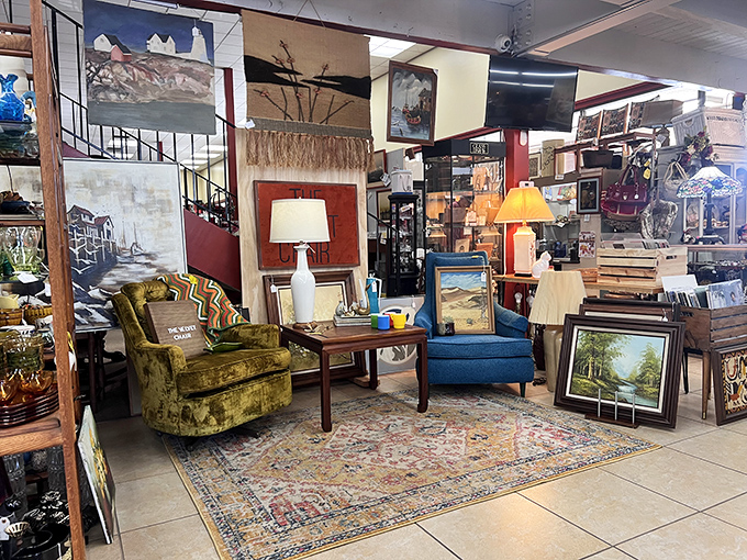 A living room tableau that spans decades of design. That moss-green velvet chair has witnessed conversations from Kennedy to Netflix.