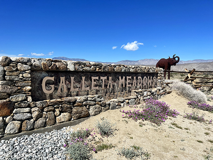 Galleta Meadows welcomes visitors with rustic charm and metallic guardians, where desert meets imagination under the watchful mountains beyond.