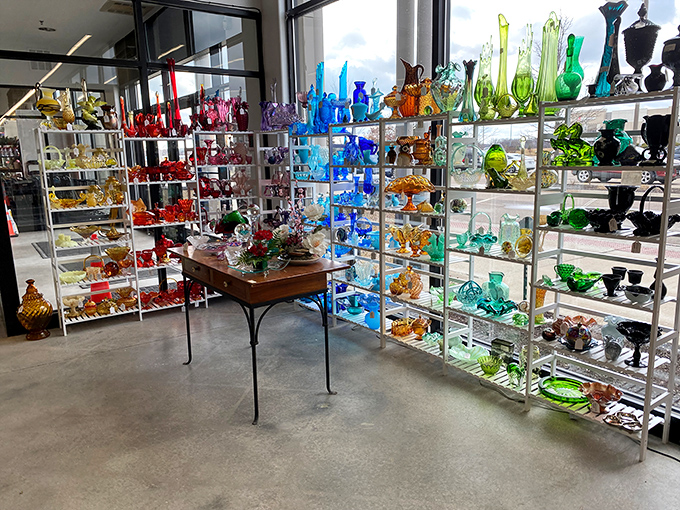 A rainbow of vintage glass catches the light like a disco ball for collectors &ndash; organized by color for maximum visual impact.