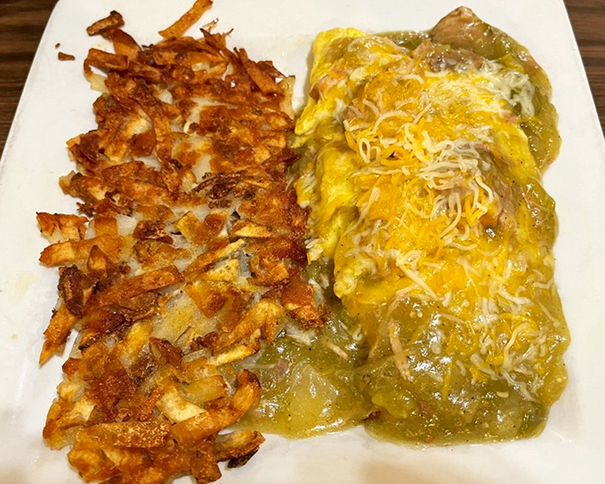 Green chili omelet that brings just enough heat to wake up your taste buds properly.