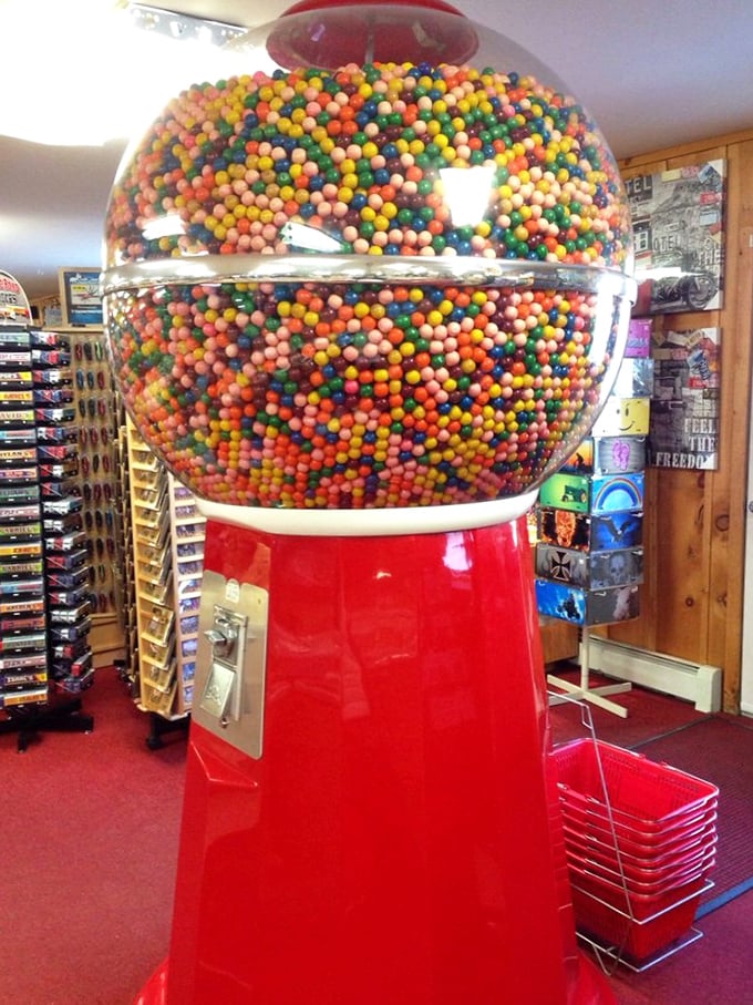 An old-fashioned gumball machine stands guard like a nostalgic sentinel, dispensing childhood memories one colorful sphere at a time.