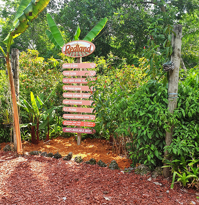 This colorful directional sign in Redland points to various attractions, like a treasure map for curious explorers seeking Florida's hidden gems.
