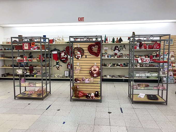 Holiday decorations waiting patiently year-round for their seasonal moment to shine. That heart wreath has Valentine's Day written all over it.