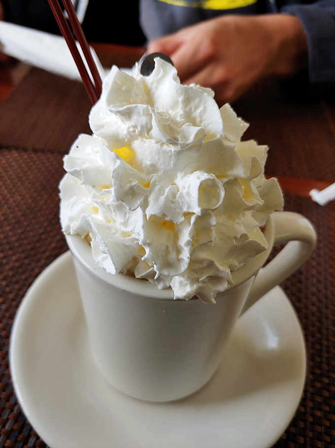 Whipped cream mountain on a hot chocolate sea. This cup doesn't just warm your hands – it's practically a dessert masquerading as a beverage.