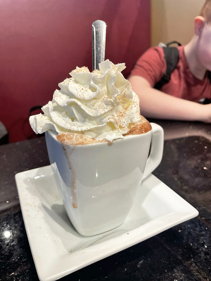 Hot chocolate crowned with whipped cream towers that defy gravity and common sense beautifully.