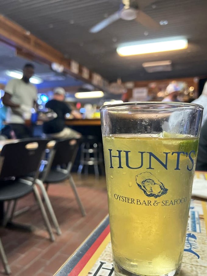 A frosty glass of beer bearing the Hunt's logo&mdash;because sometimes the perfect beverage pairing is simply whatever's cold and refreshing.
