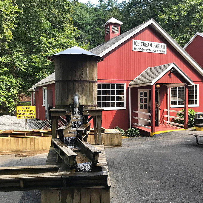 The red ice cream parlor serves sweet treats that taste even better after your cool underground adventure.