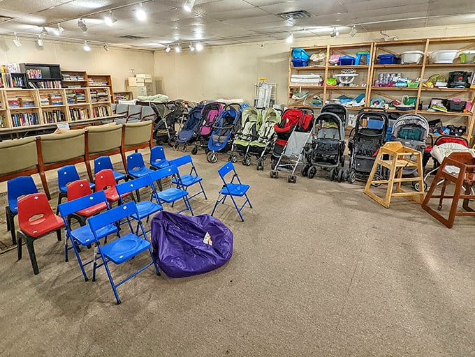 A stroller convention has assembled alongside colorful children's chairs. Parents know these barely-used baby chariots represent hundreds in savings for growing families.