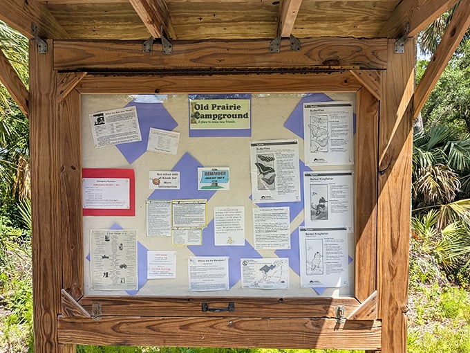 The information board&mdash;where "Old Prairie Campground" isn't just a place, but an invitation to disconnect from everything modern.