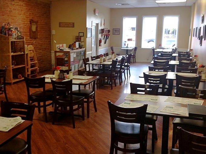 Clean lines, warm wood tones, and plenty of seating—this dining room doesn't need fancy frills when the food does all the talking.