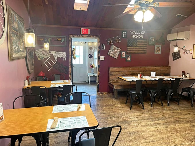 Notice the "Wall of Honor" in the back&mdash;this isn't just a restaurant; it's a community gathering place where local heroes are remembered while pancakes are savored.