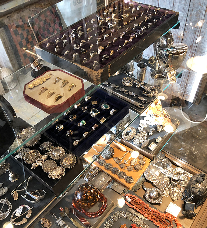 Treasure hunters, rejoice! Each drawer and display case reveals decades of adornment, from Victorian mourning jewelry to disco-era bling.