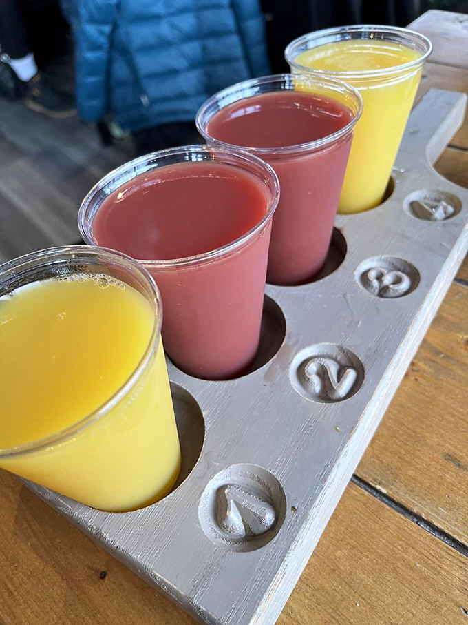 A juice flight that brings happy hour vibes to breakfast, with colors bright enough to wake you up before the first sip.
