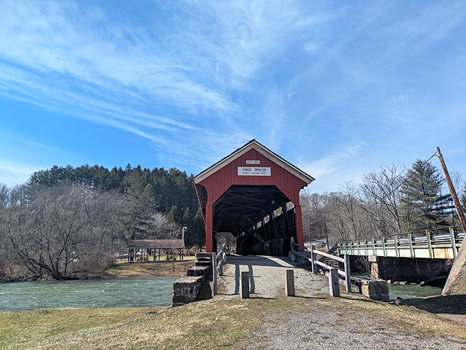 Kings Covered Bridge stands as a crimson sentinel over rushing waters. Pennsylvania's answer to those covered bridges that made Meryl Streep cry.