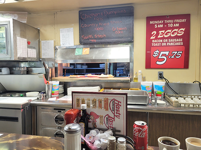 Where the magic happens &ndash; this kitchen window offers a glimpse into the choreographed breakfast ballet that produces those legendary biscuits and gravy.
