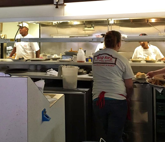 The kitchen at Big Ed's operates with the precision of a well-oiled machine, where breakfast dreams are assembled and Southern food fantasies become reality.